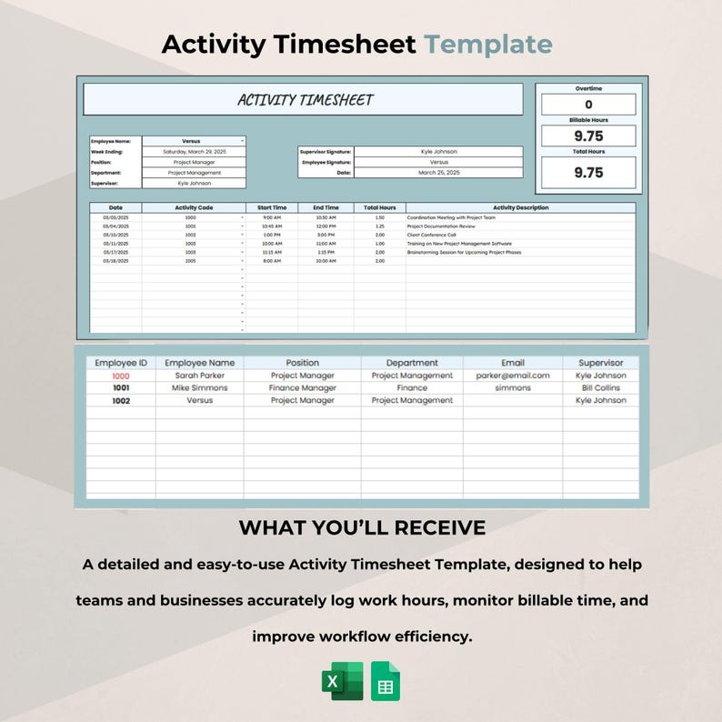 Activity Timesheet Dashboard for Google Sheets — Work Hours Tracker ...