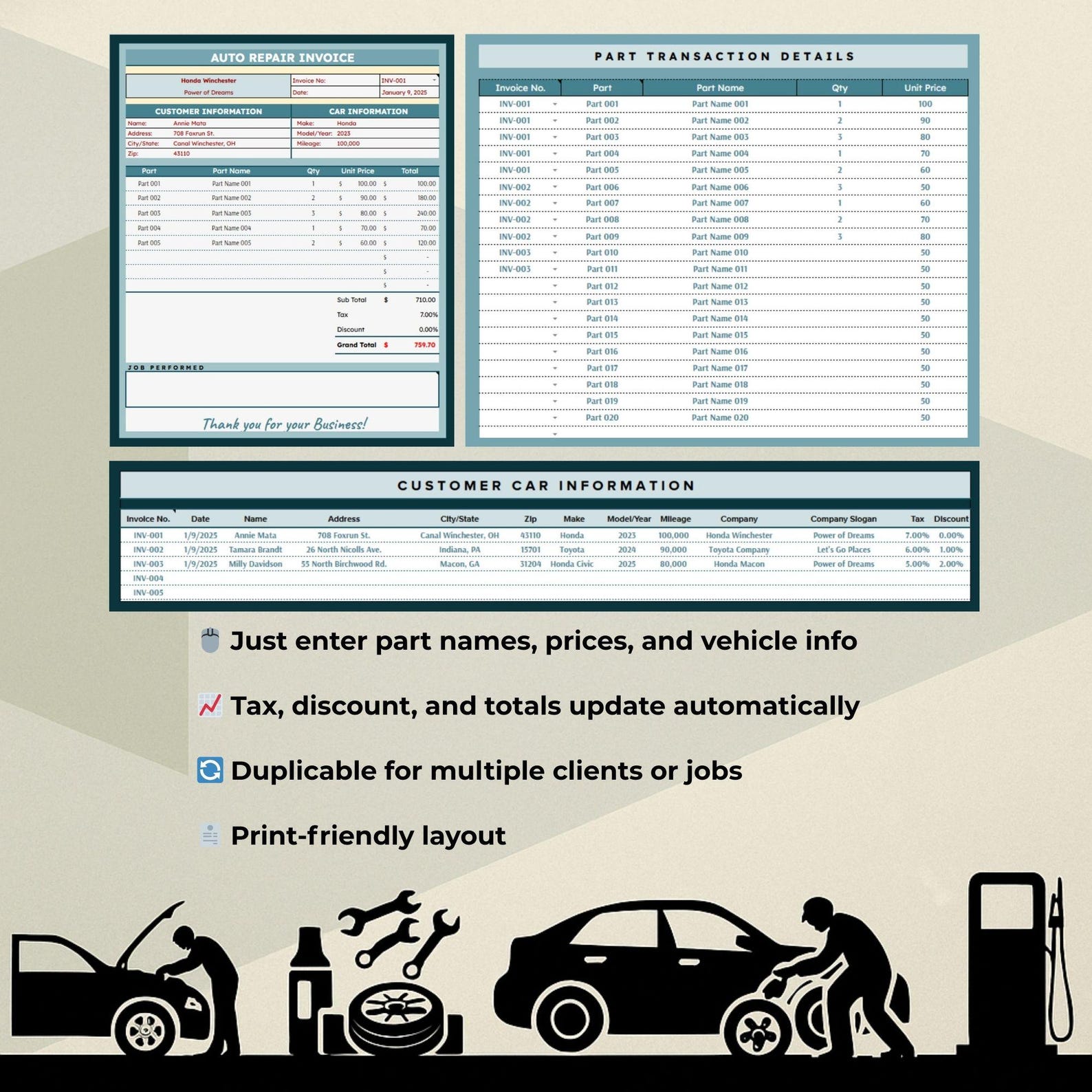 Auto Repair Invoice Template, Google Sheets Mechanic Bill, Editable Car ...