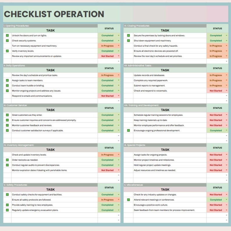 Operation Checklist Template | Google Sheets Workflow Manager - Etsy