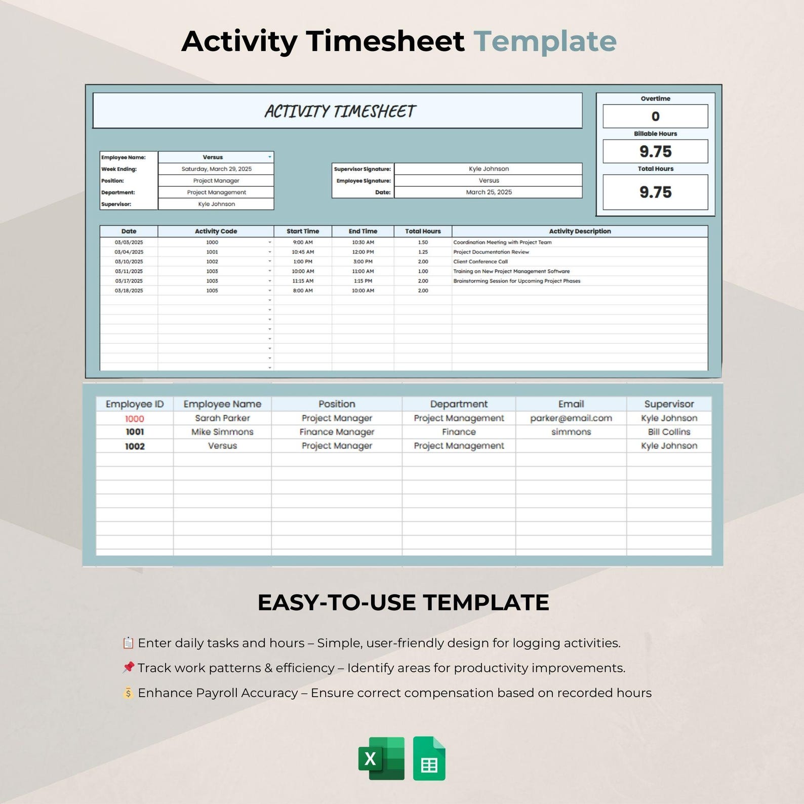 Activity Timesheet Dashboard for Google Sheets — Work Hours Tracker ...