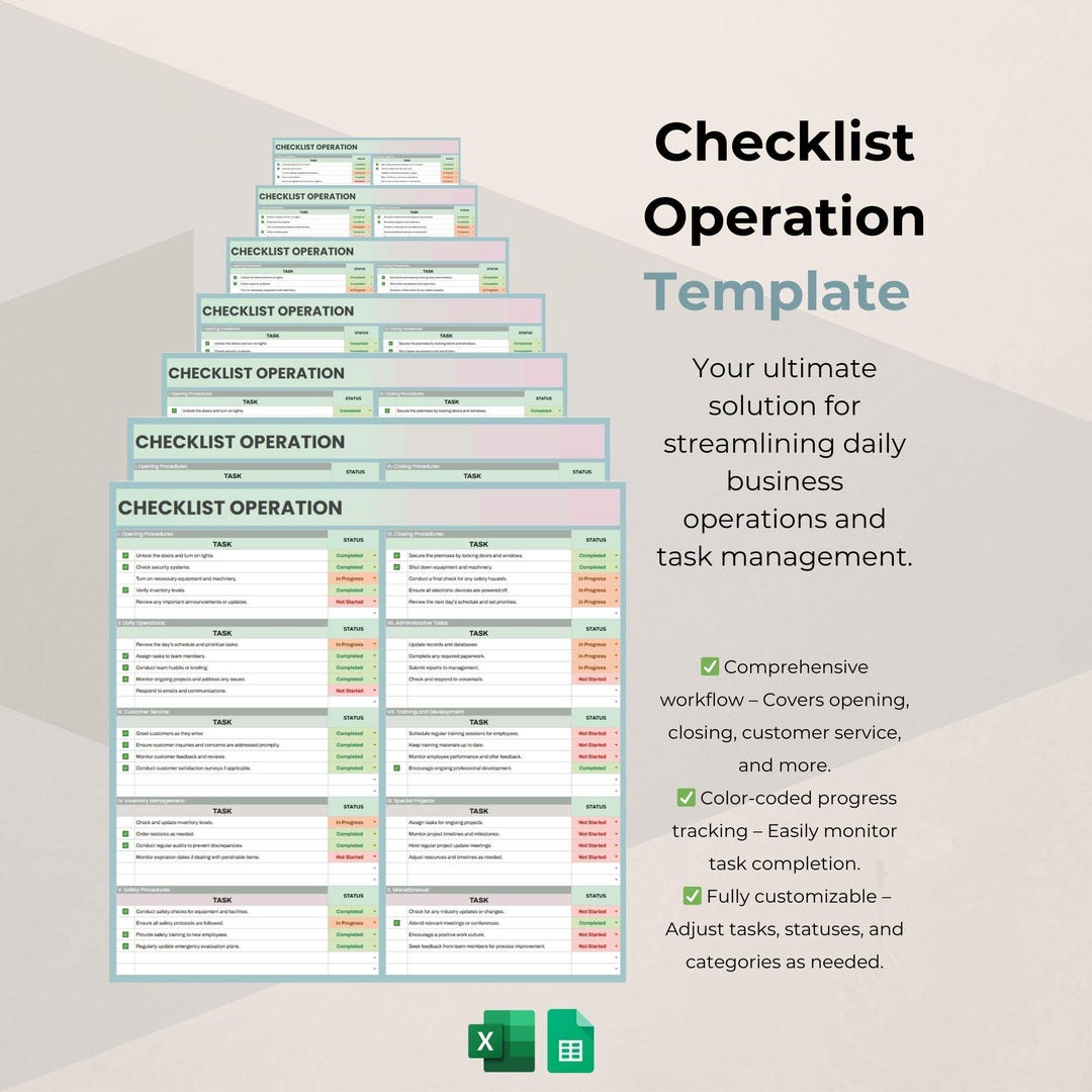 Operation Checklist Template | Google Sheets Workflow Manager - Etsy