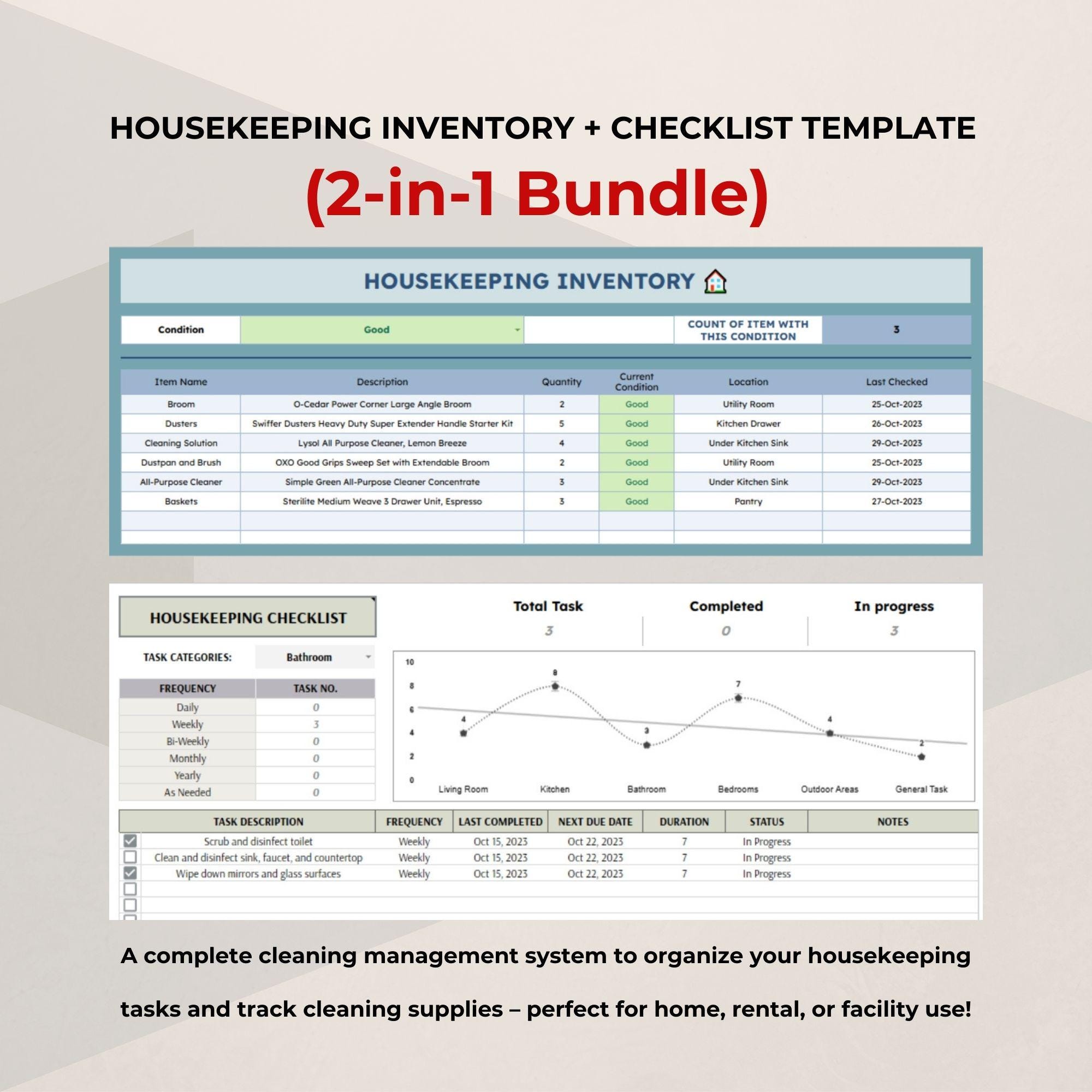 Housekeeping Checklist & Inventory Template: Cleaning Task Log (google ...