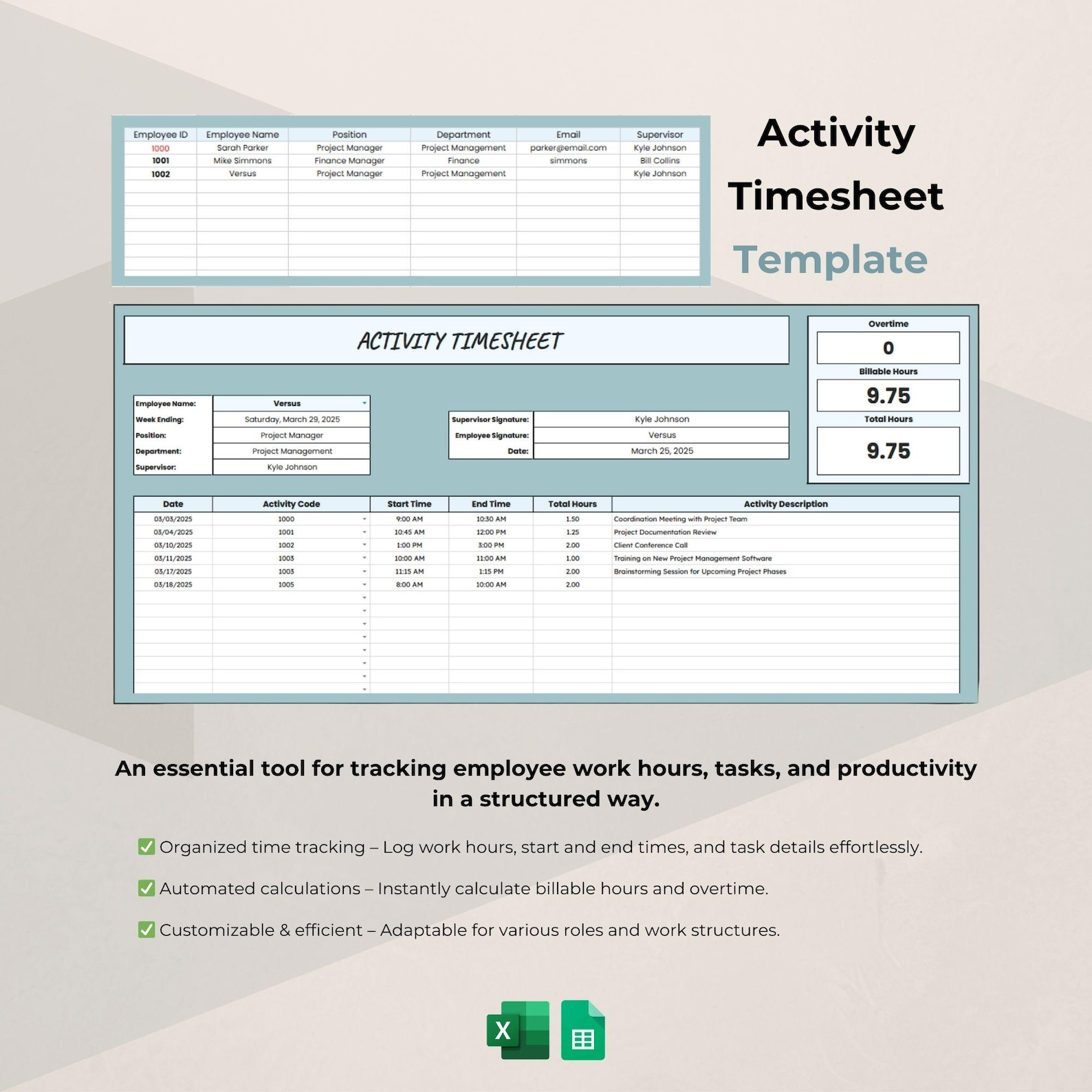 Activity Timesheet Dashboard for Google Sheets — Work Hours Tracker ...