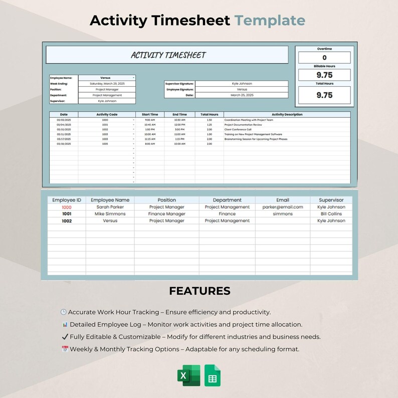 Activity Timesheet Dashboard for Google Sheets — Work Hours Tracker ...