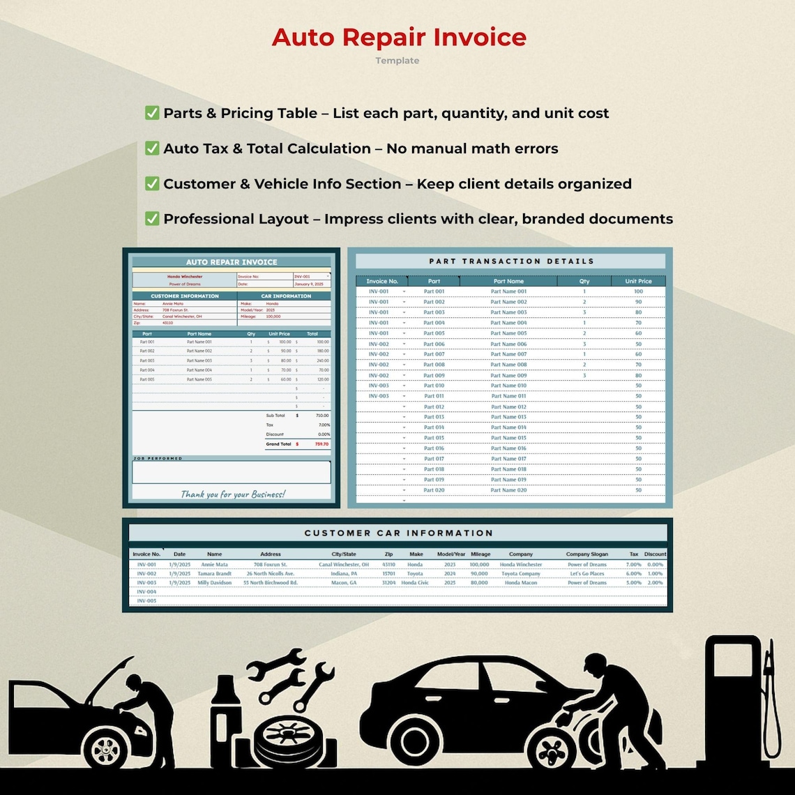 Auto Repair Invoice Template, Google Sheets Mechanic Bill, Editable Car ...