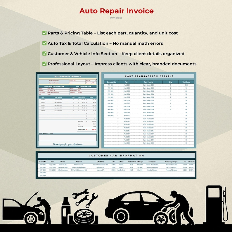 Auto Repair Invoice Template, Google Sheets Mechanic Bill, Editable Car ...