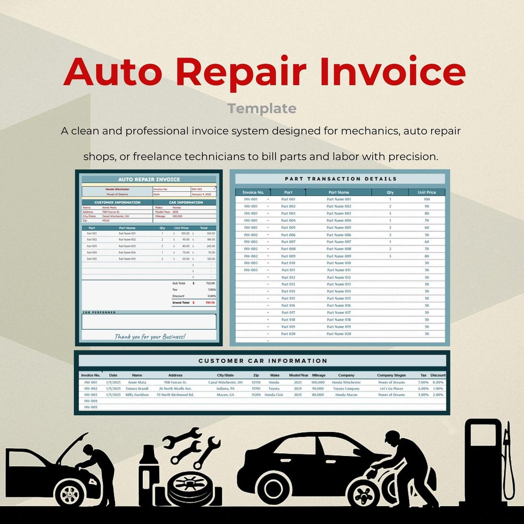 Auto Repair Invoice Template, Google Sheets Mechanic Bill, Editable Car ...