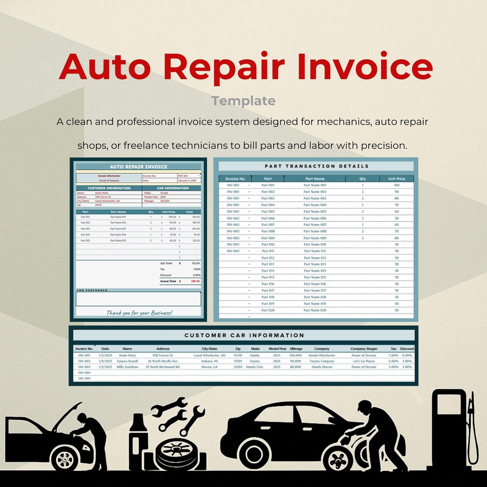 Auto Repair Invoice Template, Google Sheets Mechanic Bill, Editable Car ...