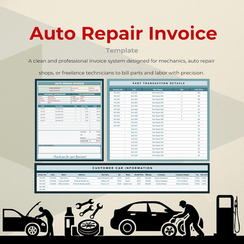 Auto Repair Invoice Template, Google Sheets Mechanic Bill, Editable Car ...