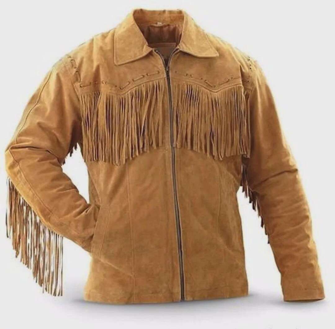 Men Western Style Golden Brown Suede Leather Jacket With Fringes Work ...