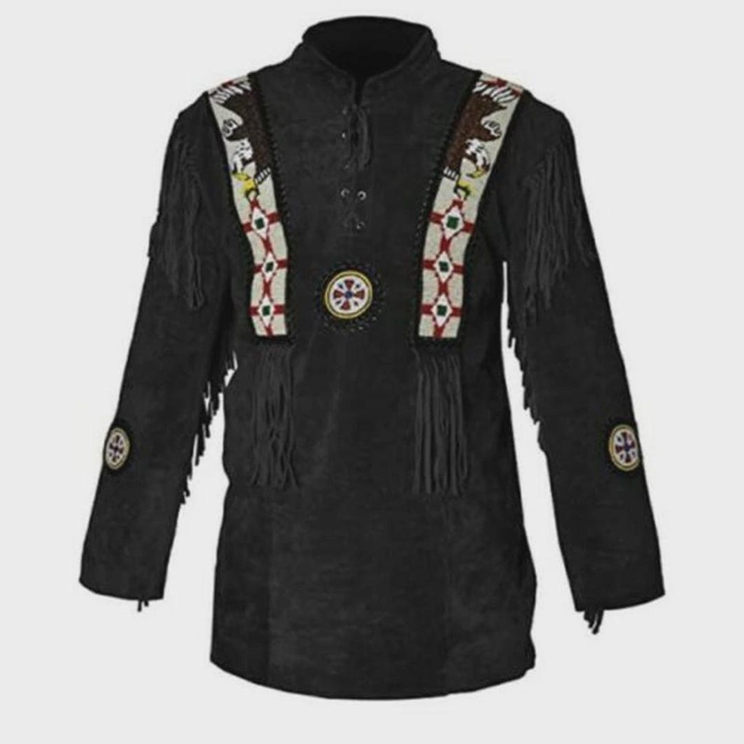 Men Shirt Style Western Suede Leather Jacket With Fringes & Beaded Work ...