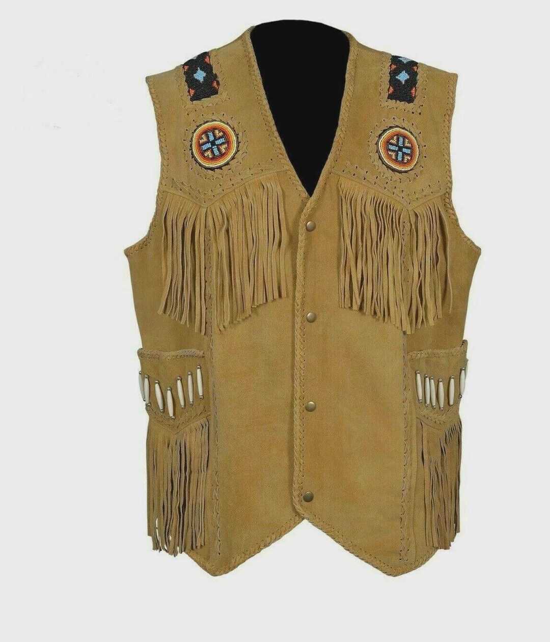 Men Suede Leather Western Style Vest Fringed & Bead Work - Waistcoat ...