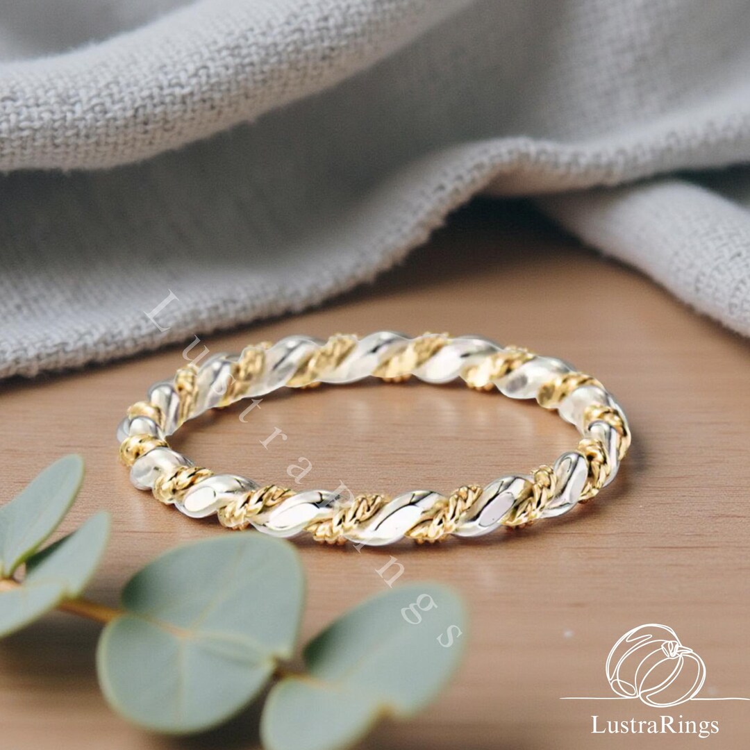 14K Gold-plated S925 Sterling Silver Twist Ring – Two-tone Gold and Silver Contrast Rope Band ...