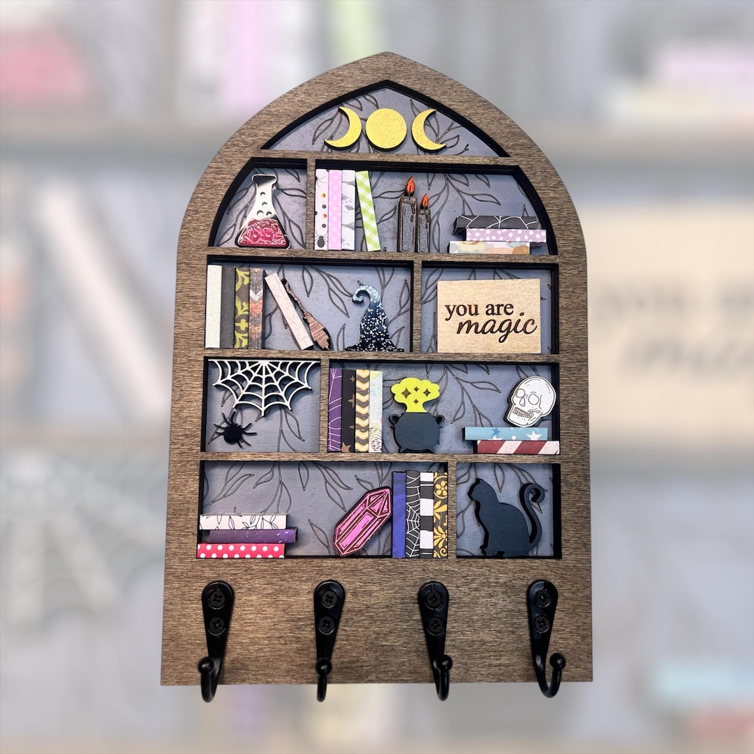 Witch Bookshelf Keyholder, Wall Mounted Keyhanger, Crystal and Moon ...