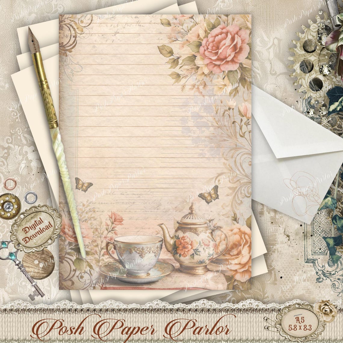 Vintage Floral Tea Cup A5 Stationery | Printable Butterfly Letter Paper ...
