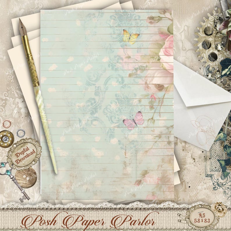Teal Floral Stationery: Butterfly Letter Writing Paper (digital ...