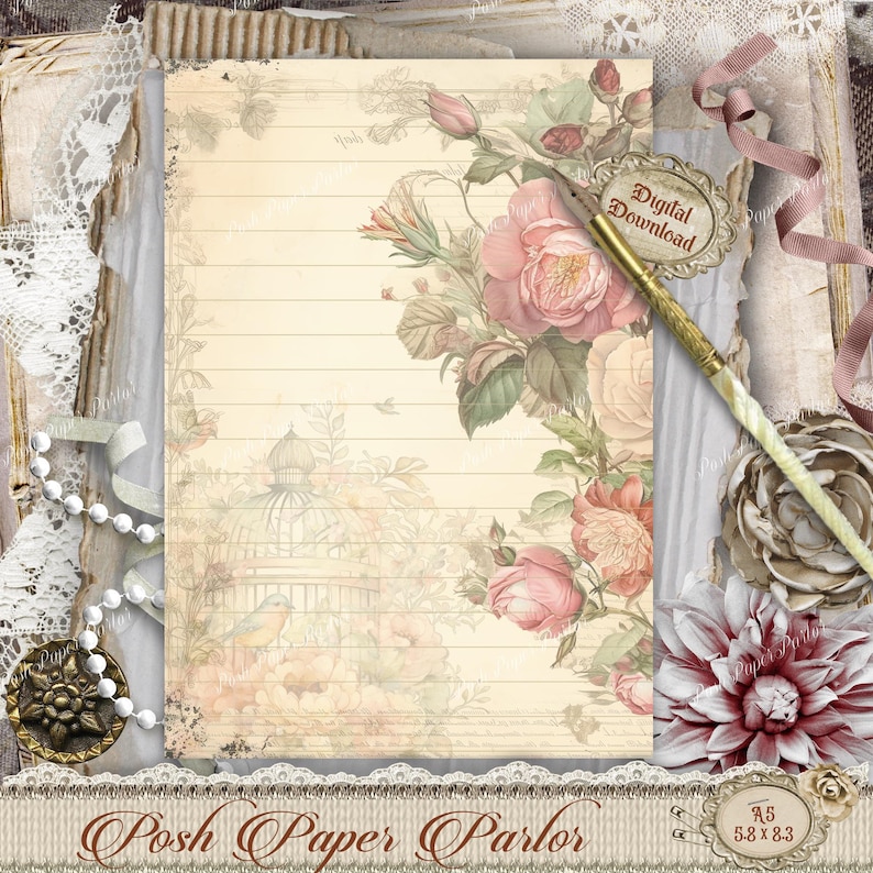 Vintage Rose Stationery Paper: Birdcage Floral A5 Lined Journal ...