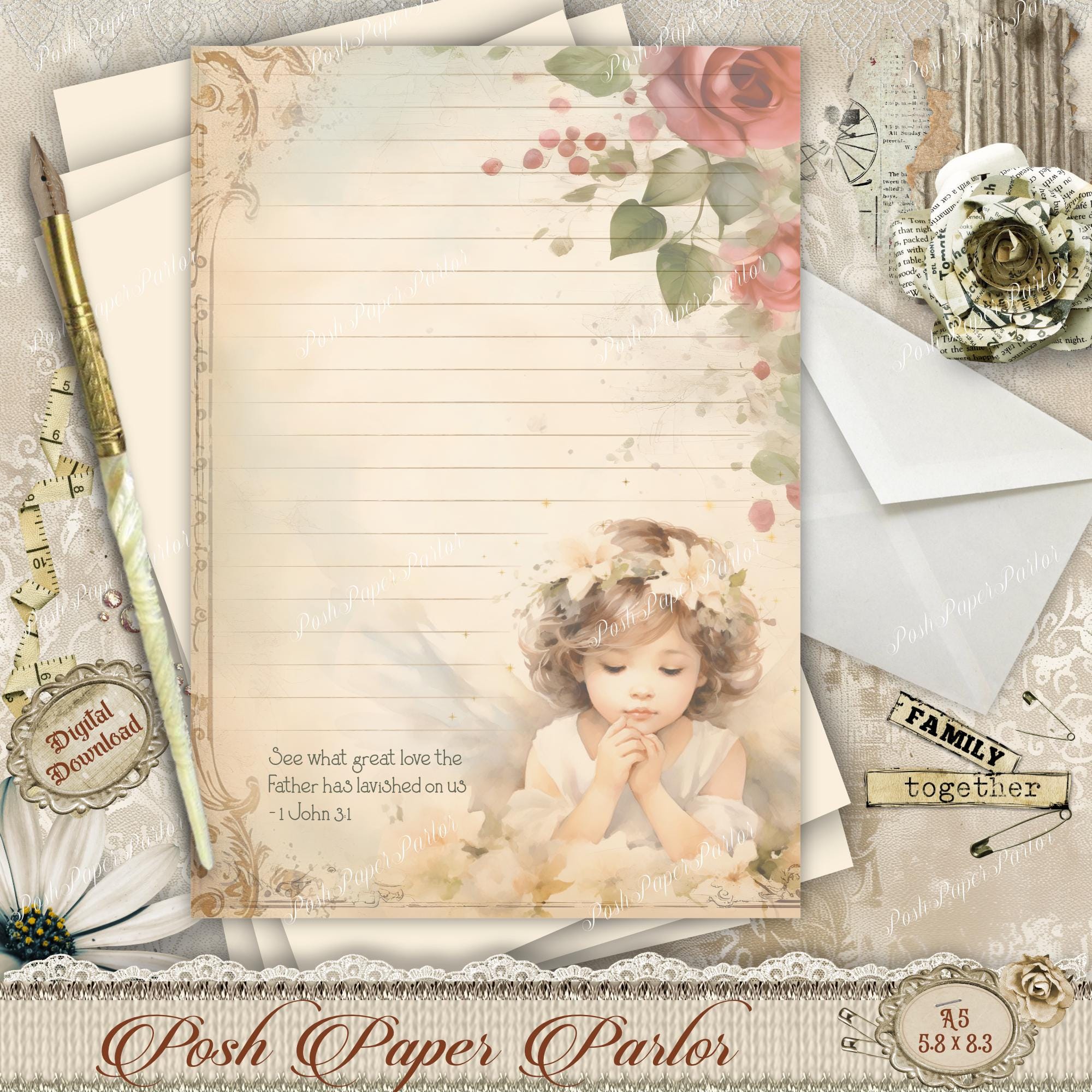 Vintage Angel Stationery Page – Digital Download - A5 Floral Writing ...