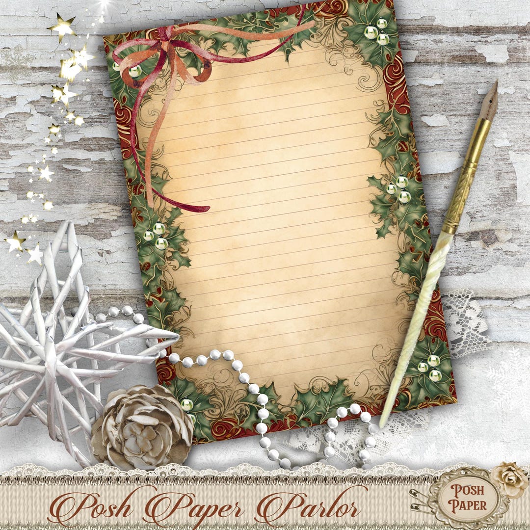 Vintage Christmas Holly Paper Printable Holiday Stationery Download ...