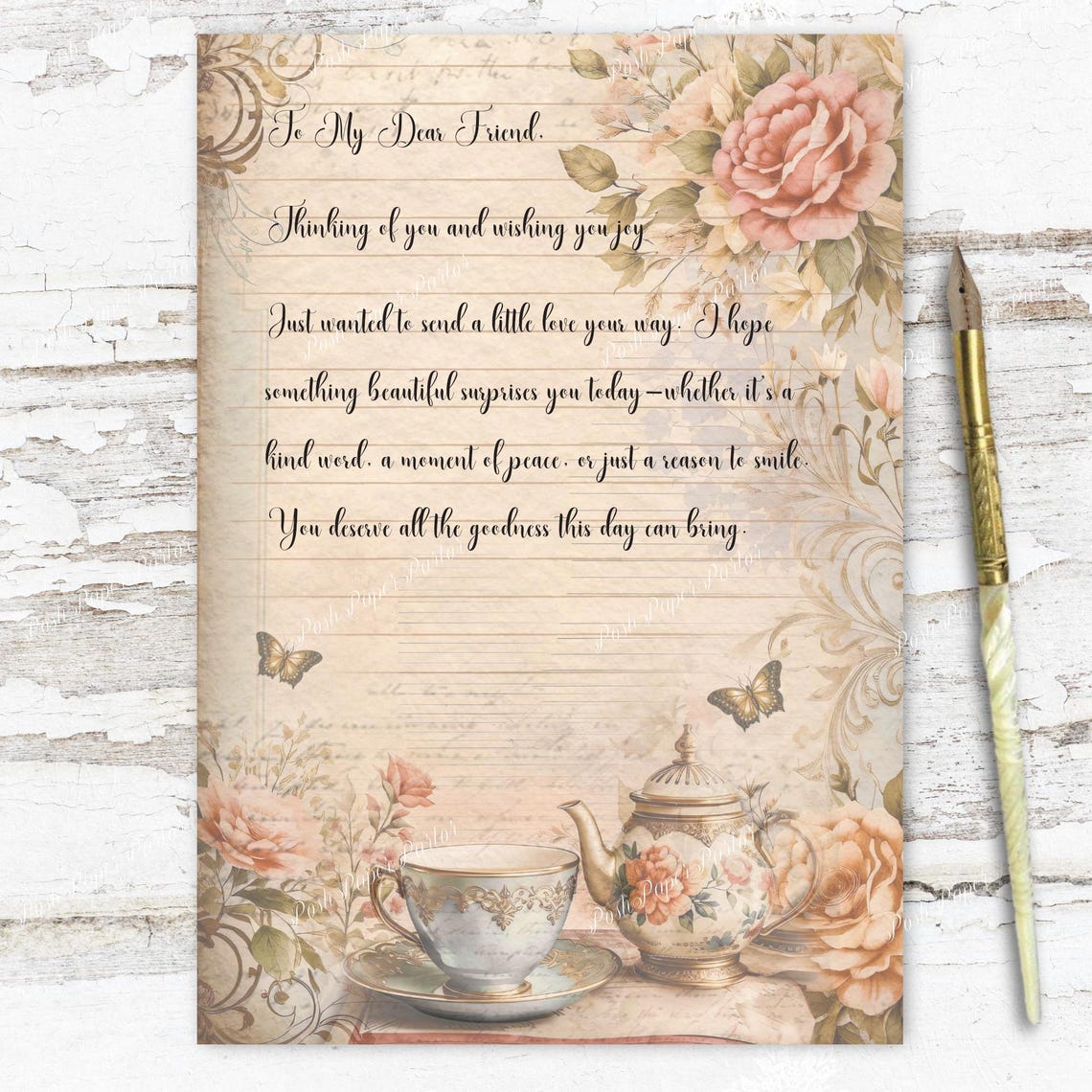 Vintage Floral Tea Cup A5 Stationery | Printable Butterfly Letter Paper ...