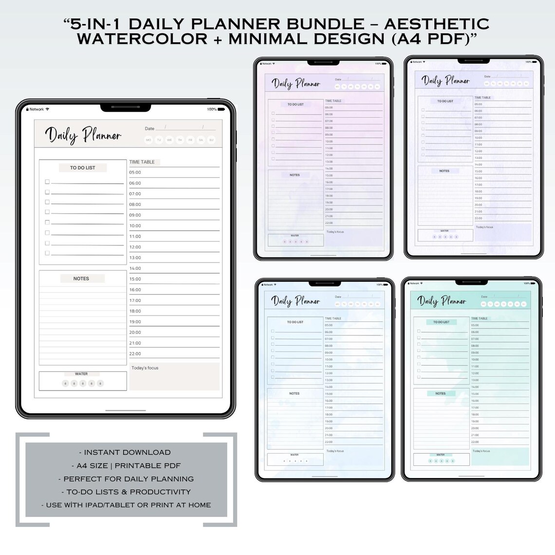 5-in-1 Daily Planner Bundle Printable | A4 PDF | Watercolor & Minimal ...