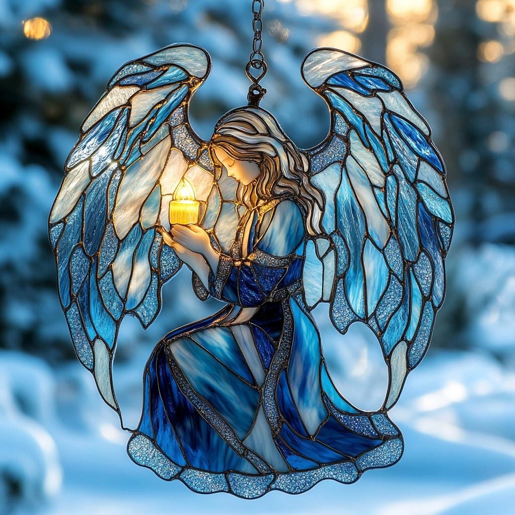 Blue Winter Guardian Angel Acrylic Suncatcher, Kneeling Angel Faux ...