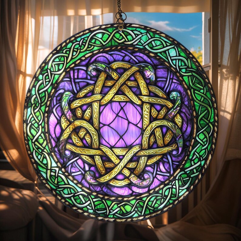 Celtic Knot Faux Stained Glass Window Hanging, Purple Green Spiritual ...