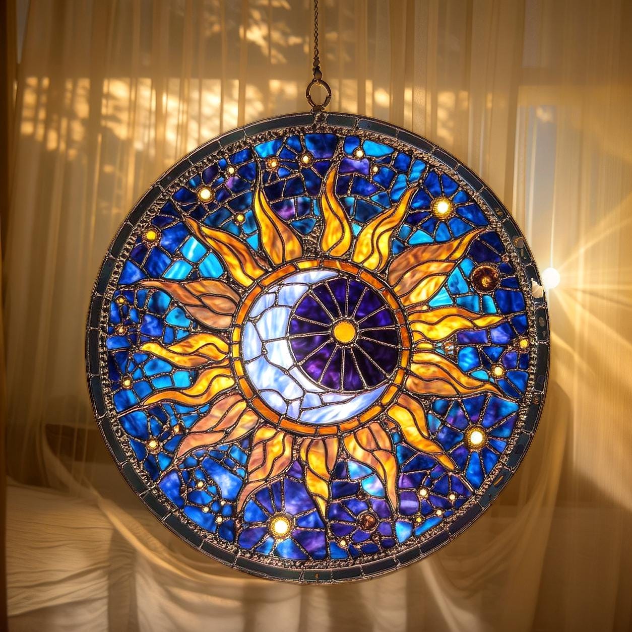 Celestial Sun Moon Faux Stained Glass Suncatcher – Round Acrylic Window ...
