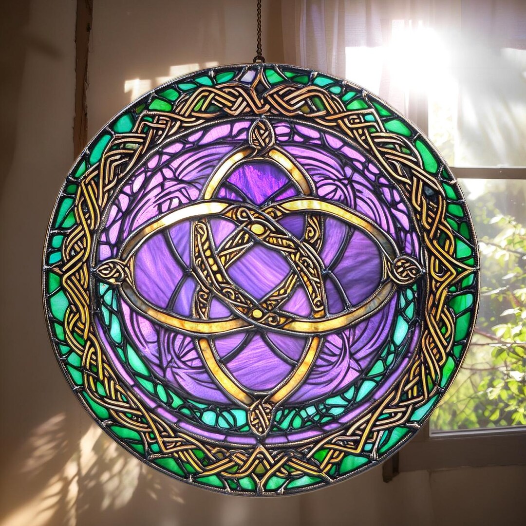 Celtic Knot Faux Stained Glass Window Hanging, Purple Green Spiritual ...