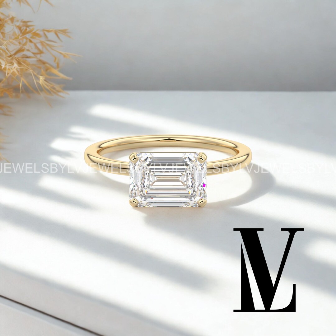 East to West Setting Ring Emerald Shape Engagement Ring Thin Band ...