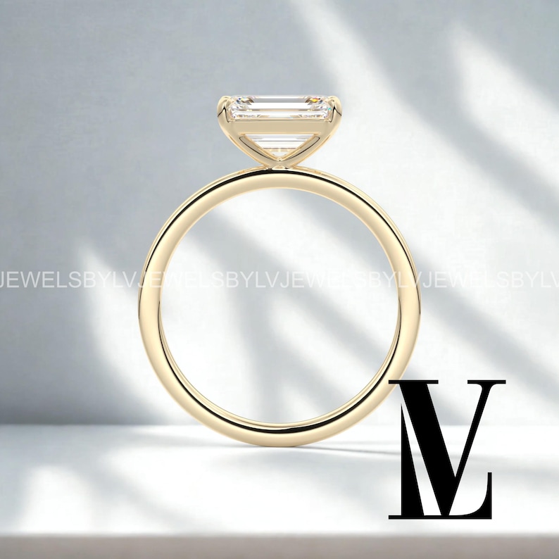 East to West Setting Ring Emerald Shape Engagement Ring Thin Band ...