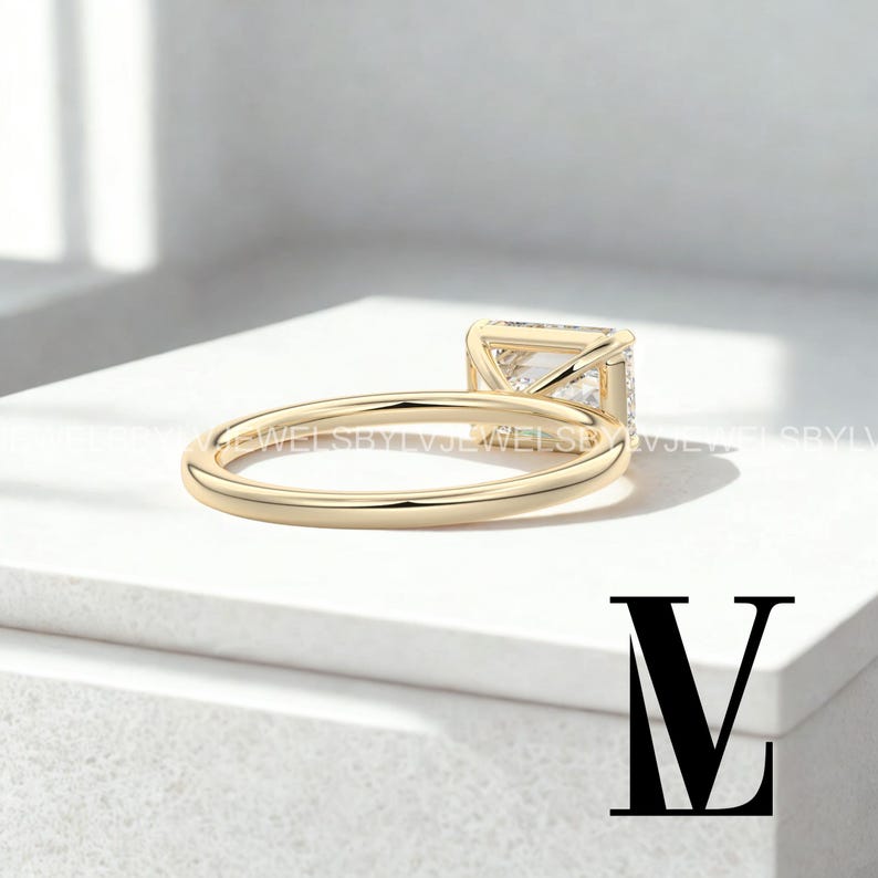 East to West Setting Ring Emerald Shape Engagement Ring Thin Band ...