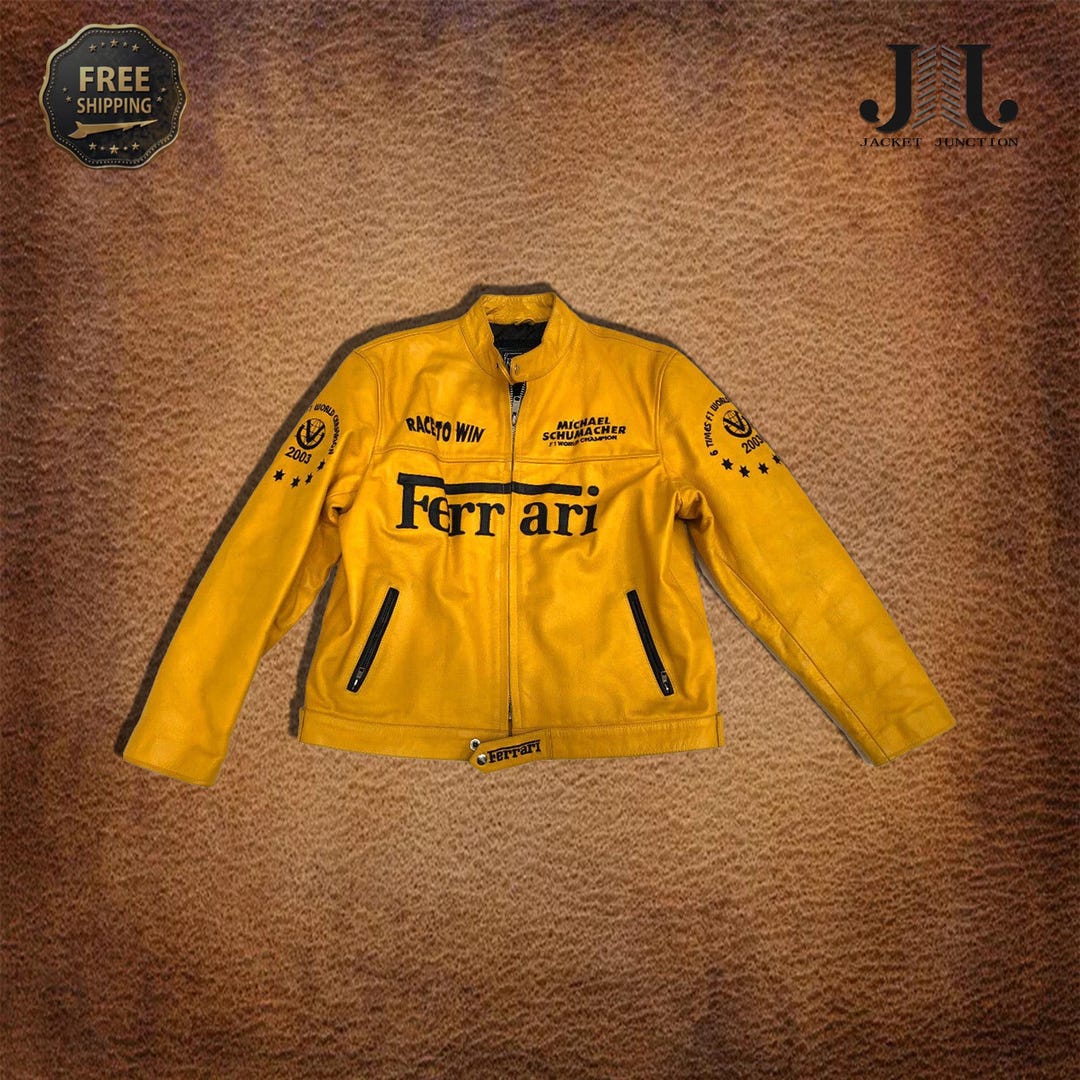 Handmade Ferrari Racing Leather Jacket Vintage Style F1 Logo Yellow ...