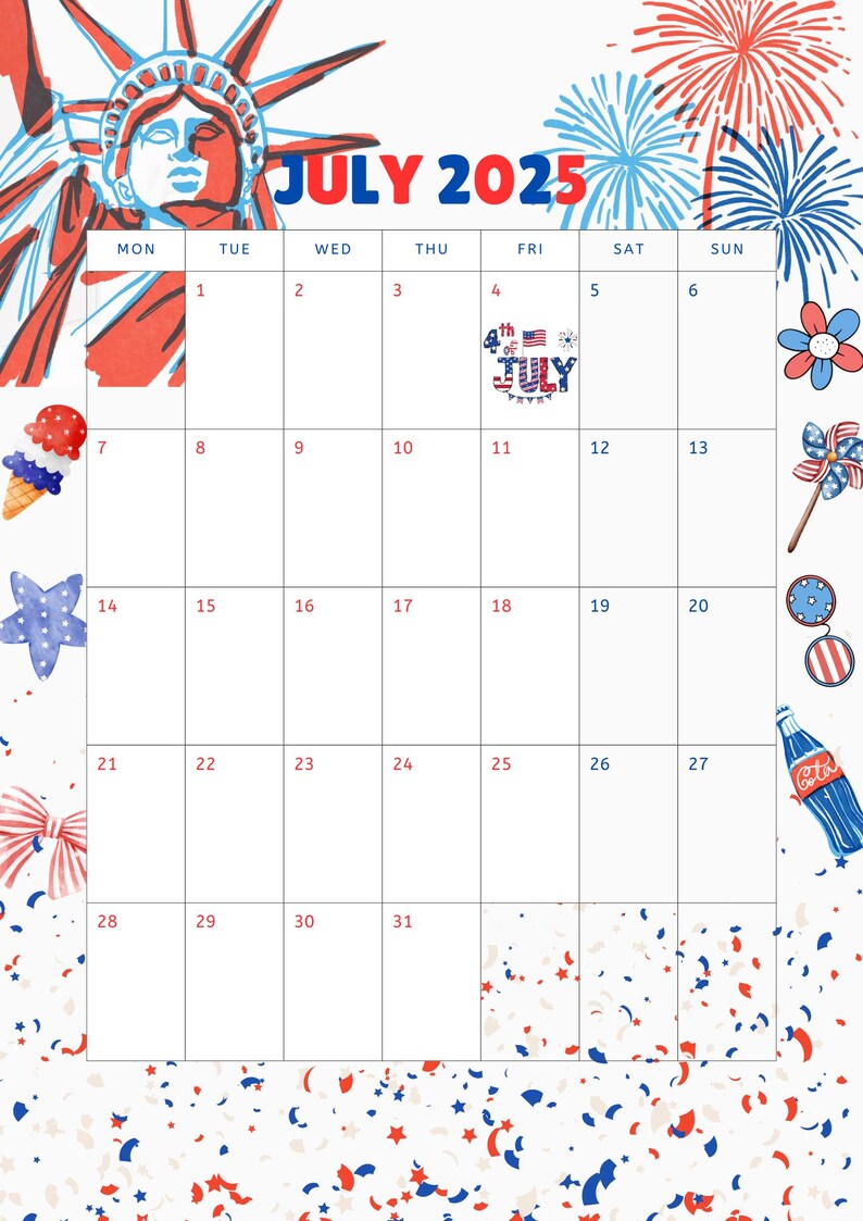 Vertical July 2025 Calendar - Etsy