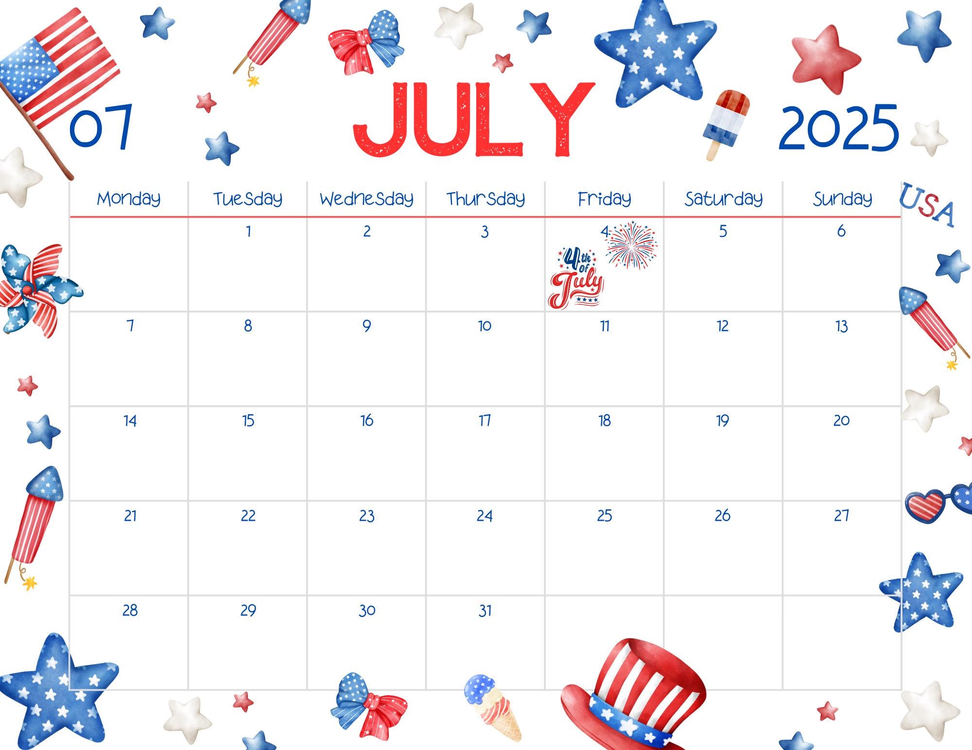July 2025 Calendar - Etsy