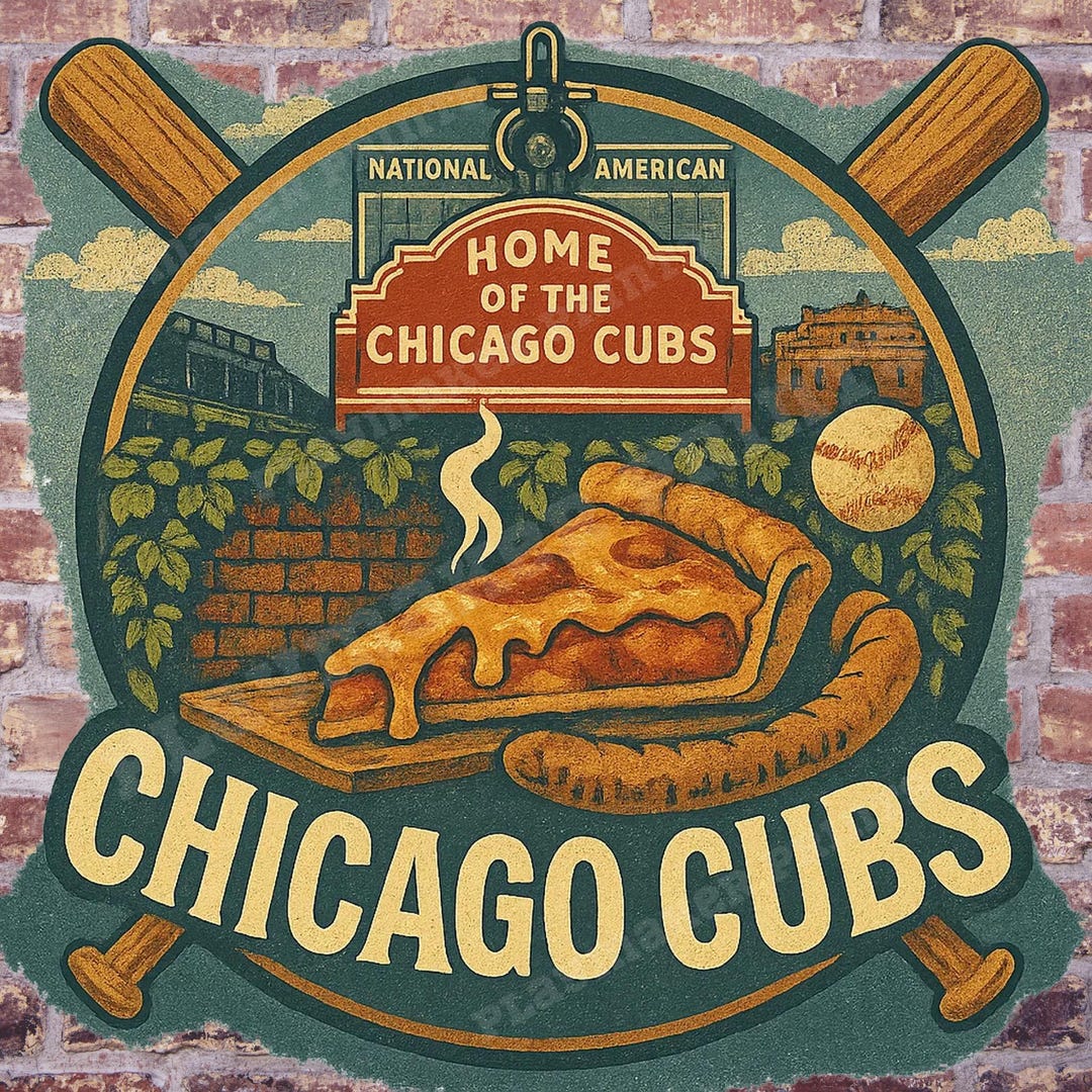 Chicago Cubs Retro Baseball Art – Wrigley Field Deep Dish Pizza Logo ...