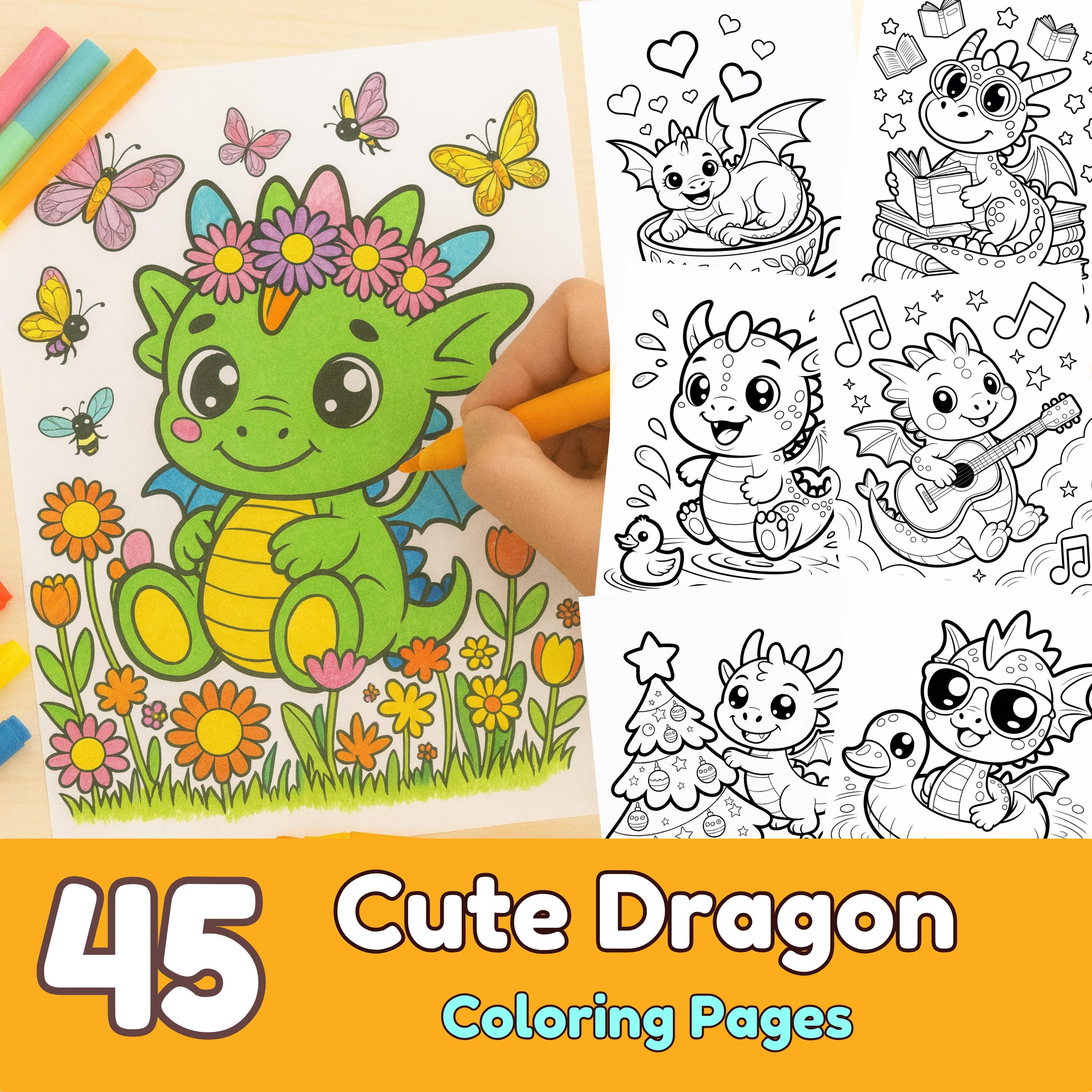 Cute Dragon Coloring Page for Kids and Adults – Printable Fantasy ...