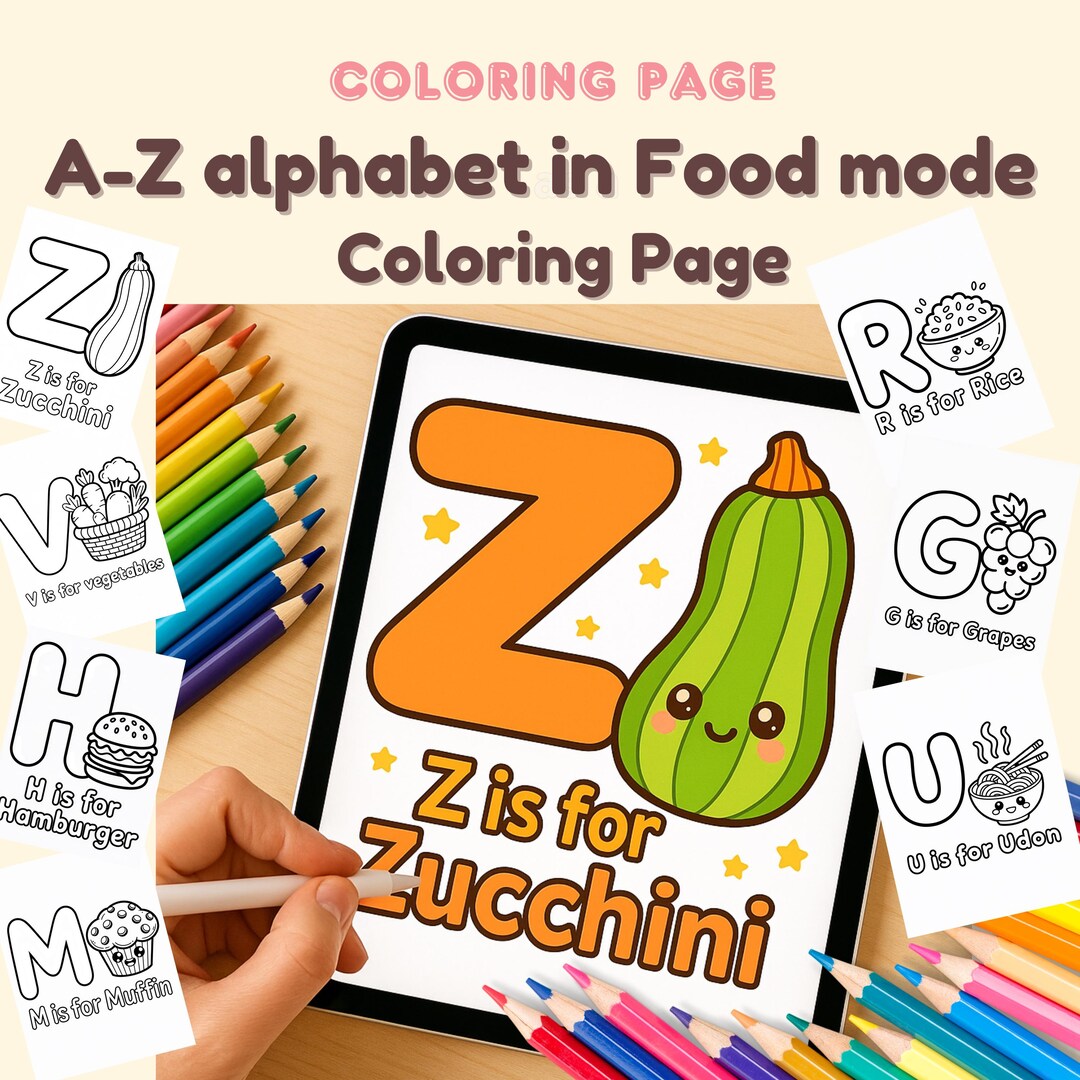 A-Z Cute Food Alphabet Coloring Pages for Kids – Kawaii Printable ...
