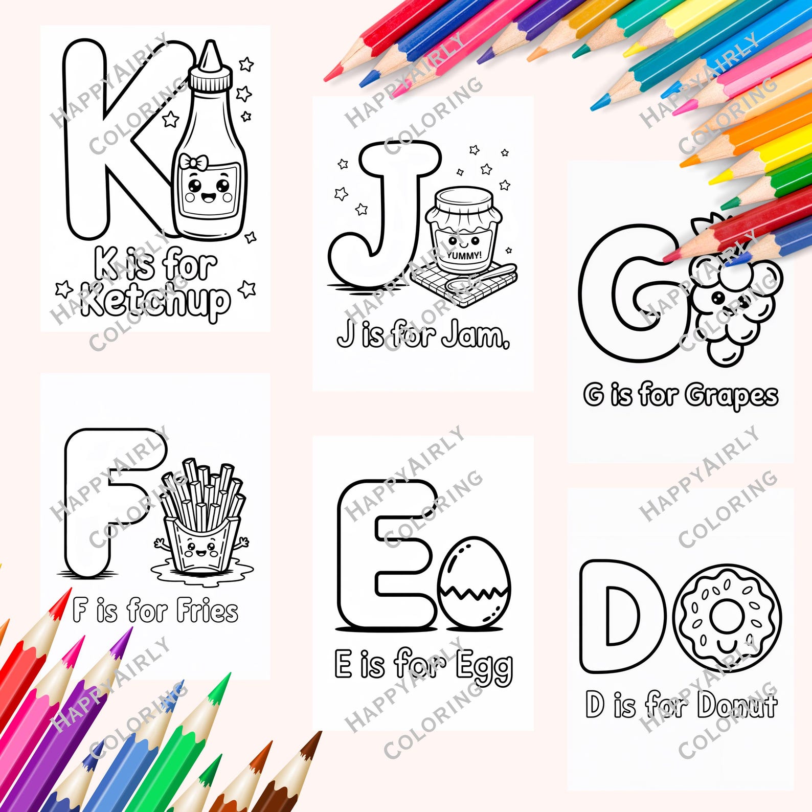 Kawaii Food Alphabet Coloring Pages: A-Z Printable Letters (PDF Digital ...
