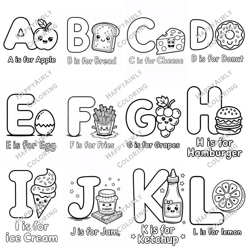 Kawaii Food Alphabet Coloring Pages: A-Z Printable Letters (PDF Digital ...