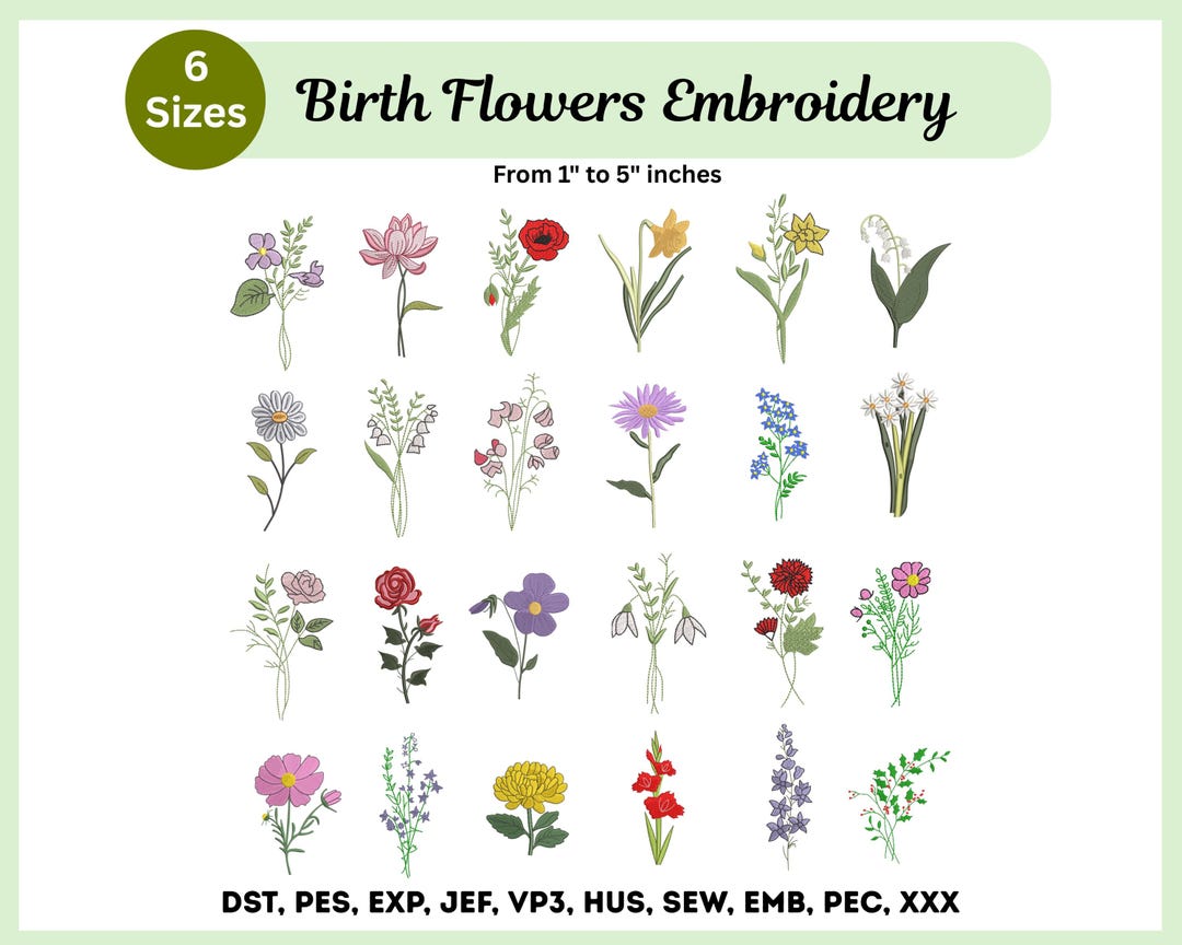 24 Birth Flowers Embroidery - Month Birth Flowers Bundle - Machine ...