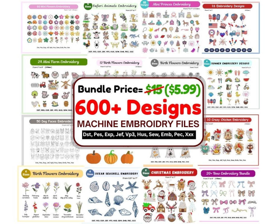 600+ Embroidery Designs - Mega Embroidery Bundle - Machine Embroidery ...