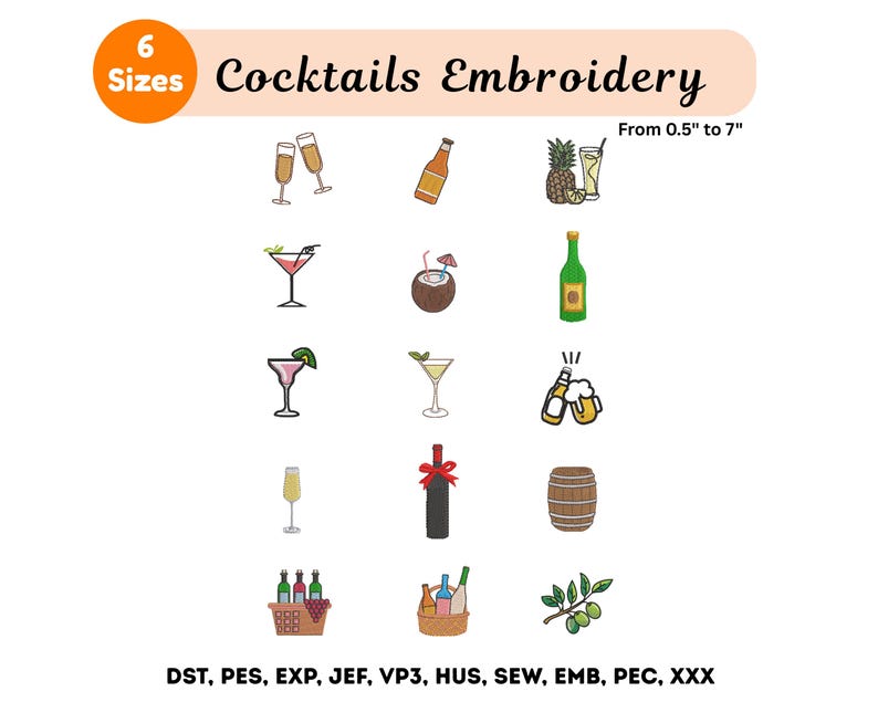 Mini Cocktail Drinks Embroidery - Set 15 Cocktail Machine Embroidery ...