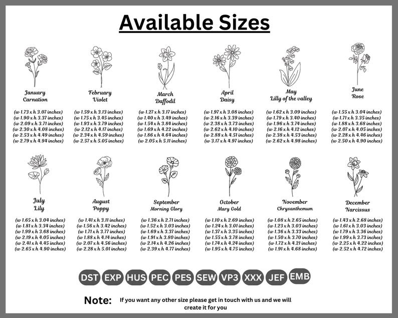 Birth Flowers Outline Embroidery - 36 Flowers Bundle - Machine ...