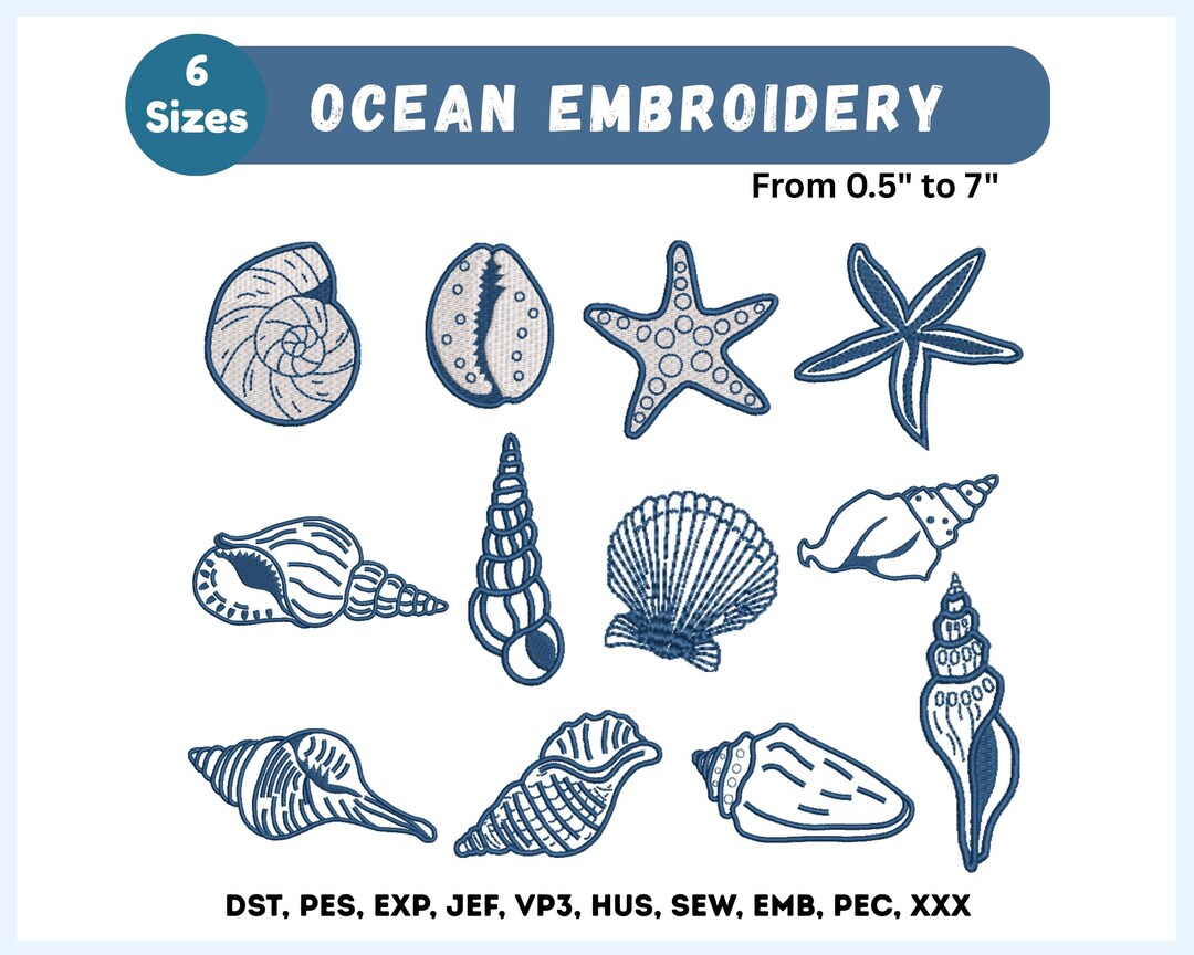 Seashells Ocean Embroidery Designs - 12 Tiny Coastal Machine Embroidery ...