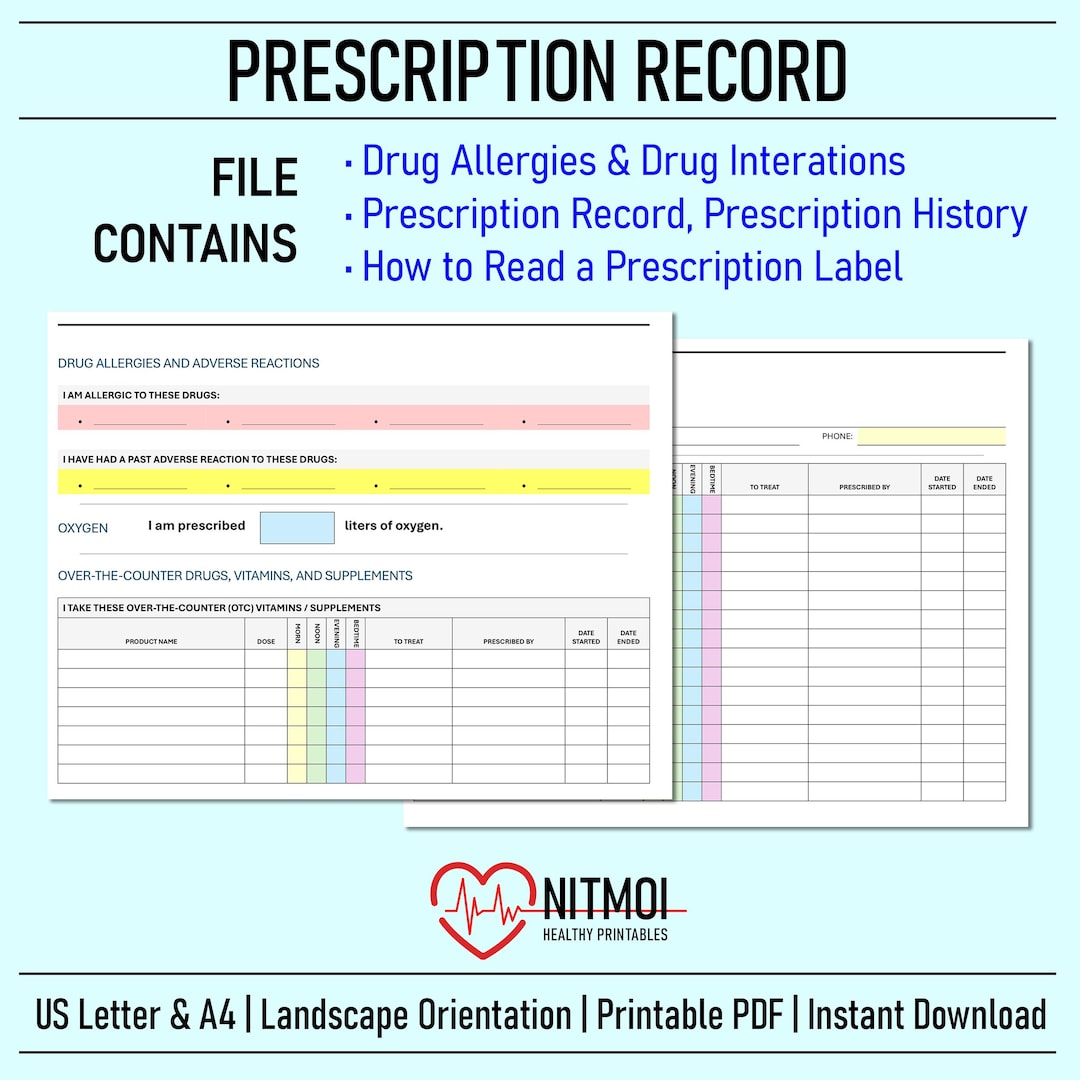 Prescription Record, Prescription Tracker, Prescription Log ...