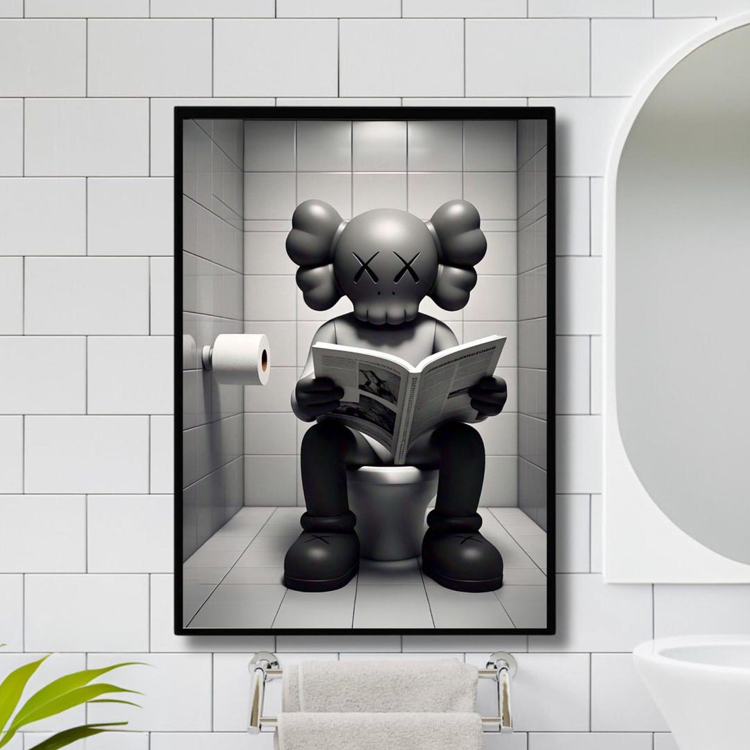 Kaws Sitting on Toilet Reading Newspaper Poster, Hypebeast Figure Print ...