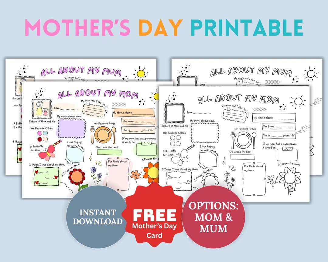 Printable Mother’s Day Activity All About My Mom/mum Page, Fill in the ...