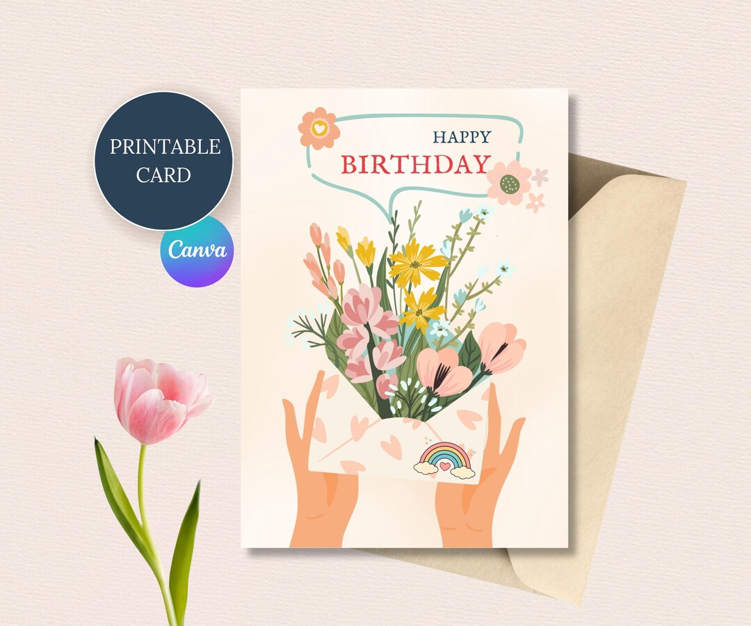 Happy Birthday Card Printable Kit Editable Rainbow Cactus Greeting Card ...