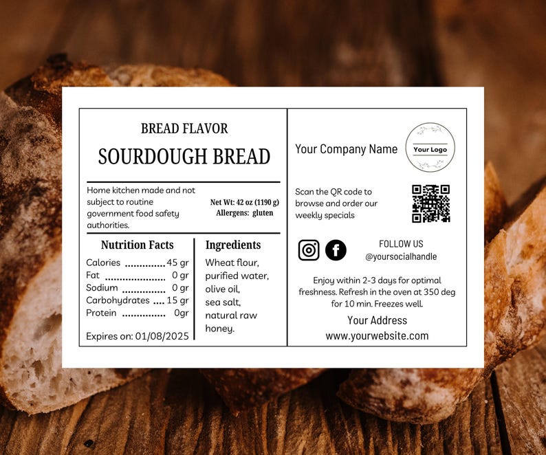 Editable Cottage Food Label Template QR Code, Printable Sourdough ...
